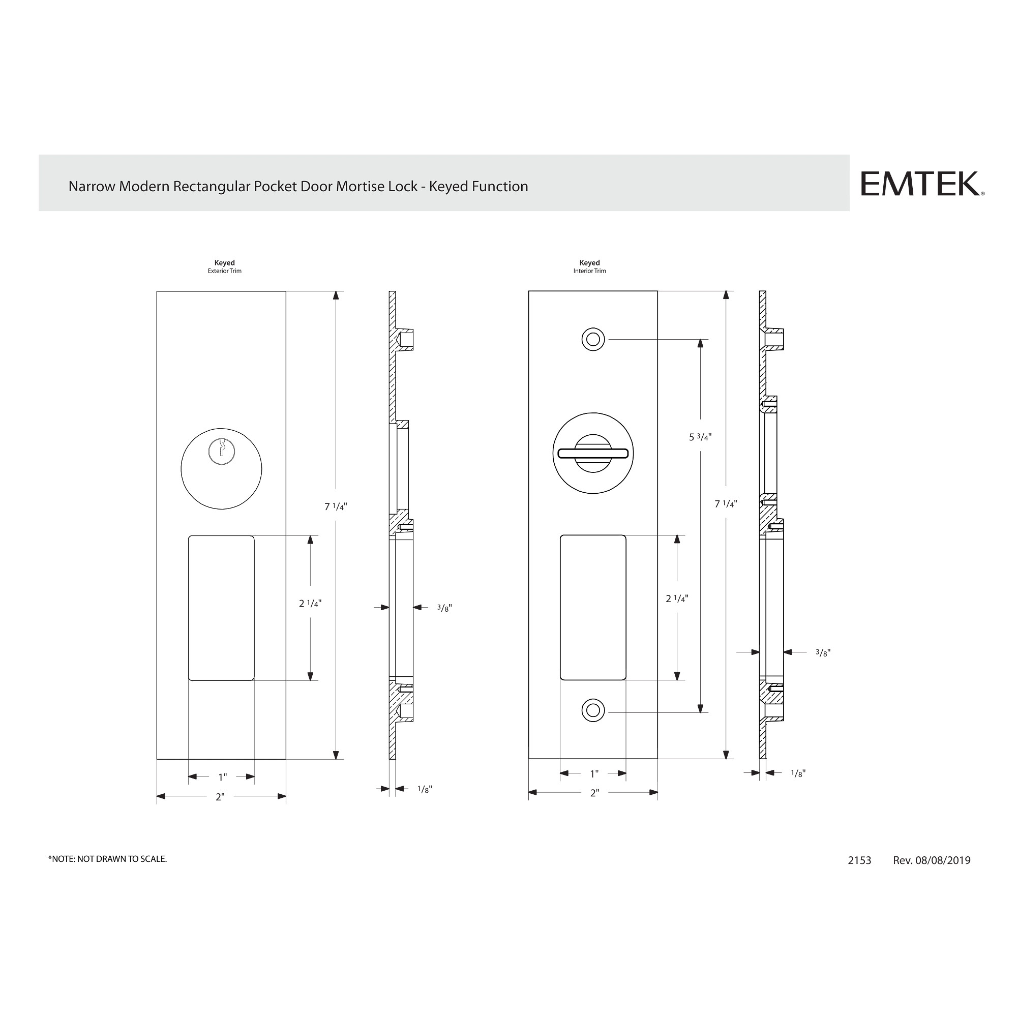 Narrow Modern Rectangular Pocket Door Mortise Lock | Emtek